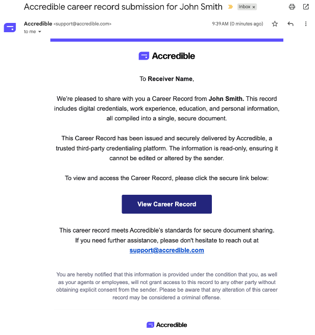 Verified Career Record: Viewing, Creating, and Sending a Career Record